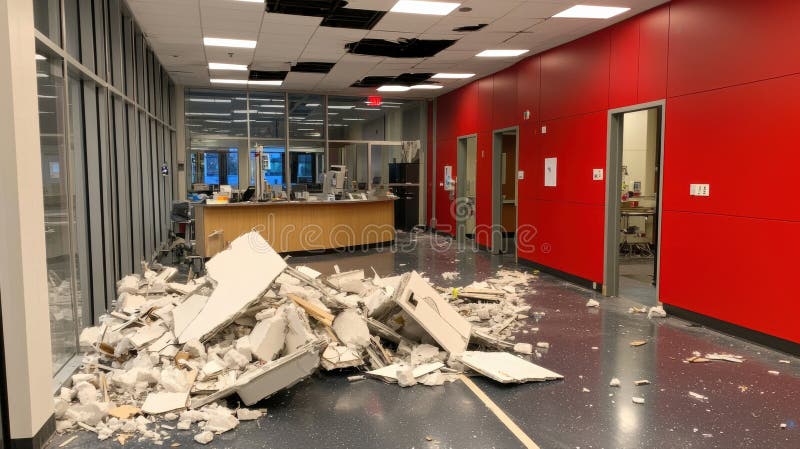 Collapsed Ceiling Tiles and Debris in a Modern Office Hallway with Red ...