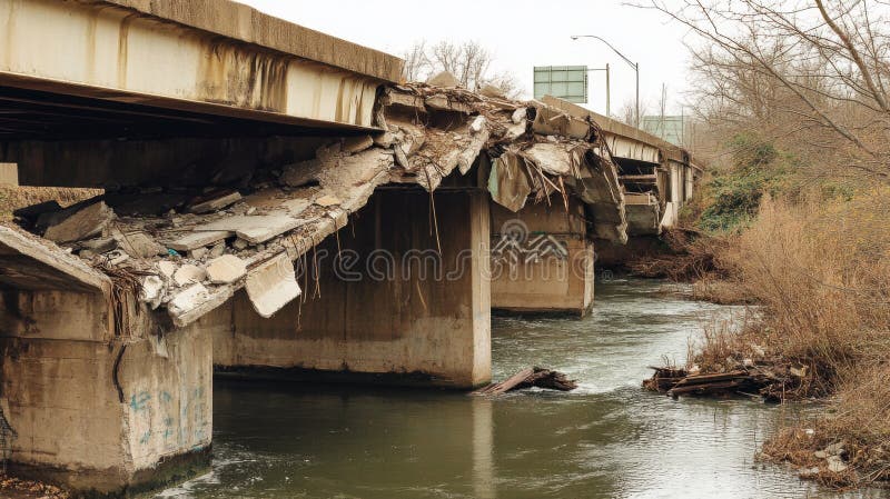 Collapsed Concrete Bridge Over River with Debris Stock Illustration ...