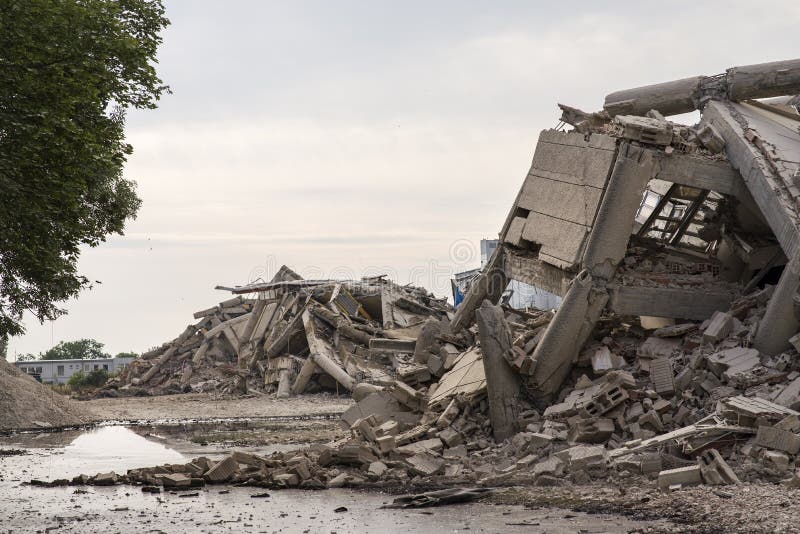 Collapsed and Destroyed Concrete Industrial Building Isolated on White ...