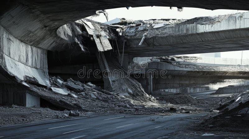 Collapsed Concrete Overpass with Road Below Stock Illustration ...