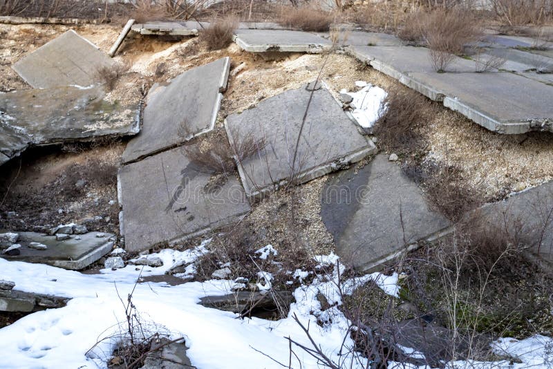 Collapsed Concrete Slabs on the Ground, Due To a Spring Landslide or ...