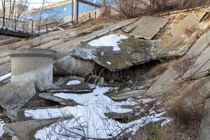 Collapsed Concrete Slabs on the Ground, Due To a Spring Landslide or ...