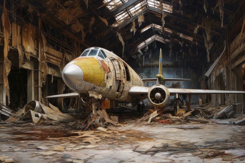 Collapsed Hangar with Broken Aircraft Remains Stock Illustration ...
