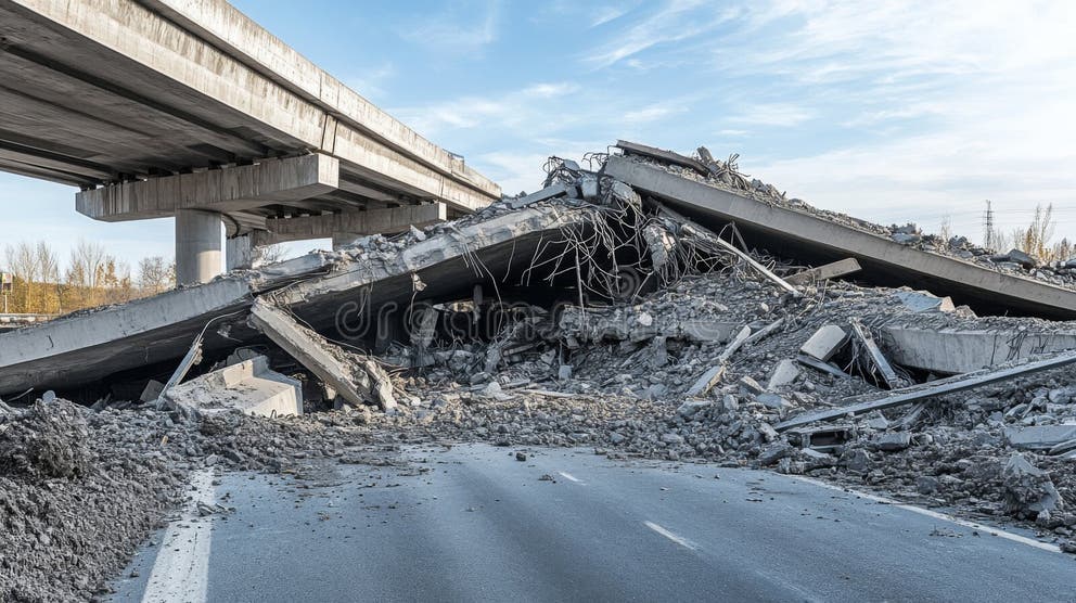 Collapsed Highway Overpass Blocking Roadway Stock Illustration ...