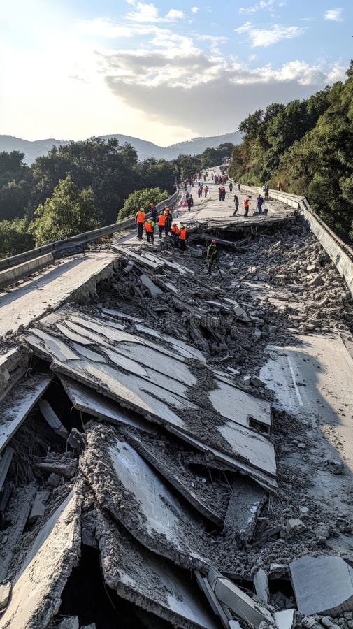 Collapsed Highway after Strong Earthquake with Rescue Team and Rubble ...