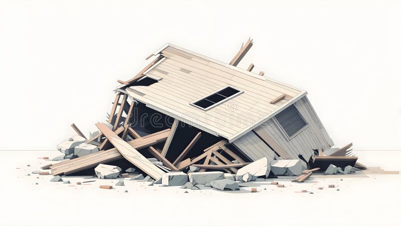 Collapsed House Aftermath with Debris and Structural Damage Depicted ...