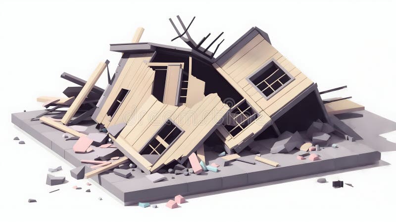 Collapsed House Illustration with Debris and Gray Foundation Block ...