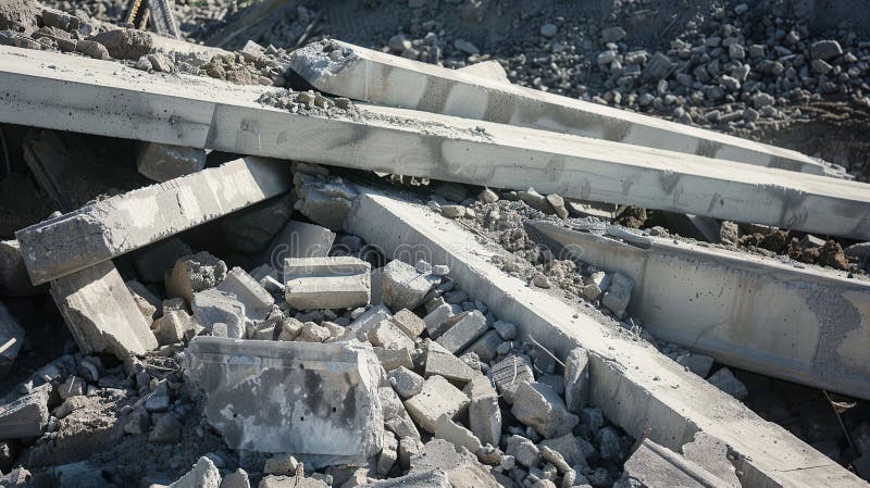 Collapsed Infrastructure, Pile of Gray Concrete Fragments and Support ...