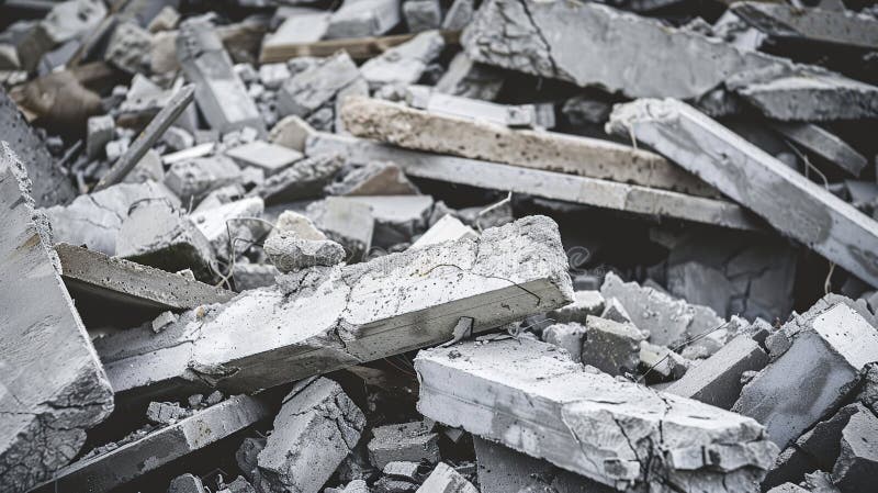 Collapsed Infrastructure, Pile of Gray Concrete Fragments and Support ...