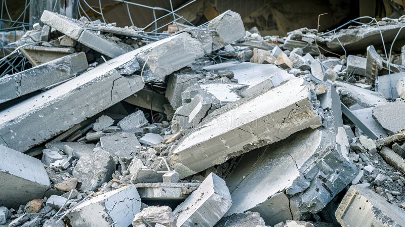 Collapsed Infrastructure, Pile of Gray Concrete Fragments and Support ...