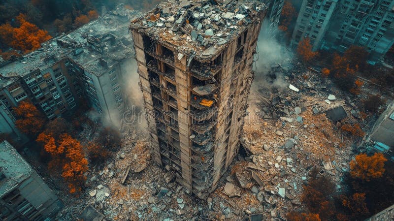 Collapsed Office Tower Surrounded by Scattered Concrete and Debris ...