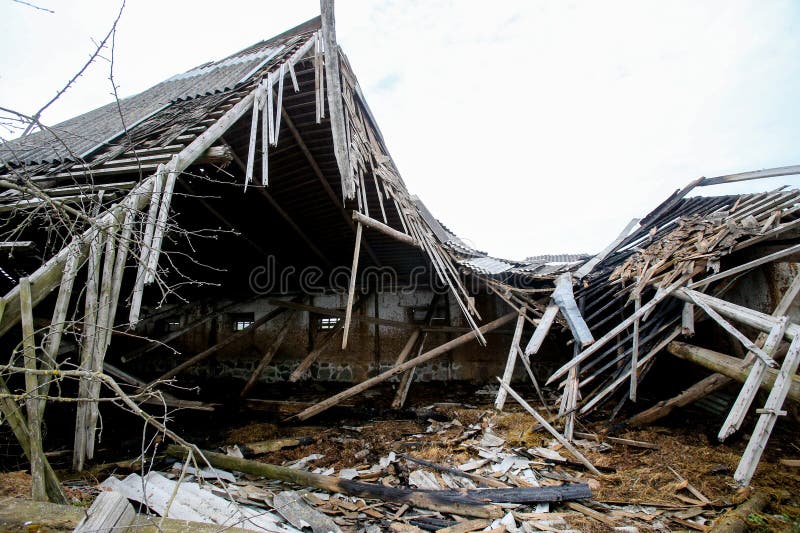 Collapsed Old Abandoned Farm Building after a Fire Stock Photo - Image ...