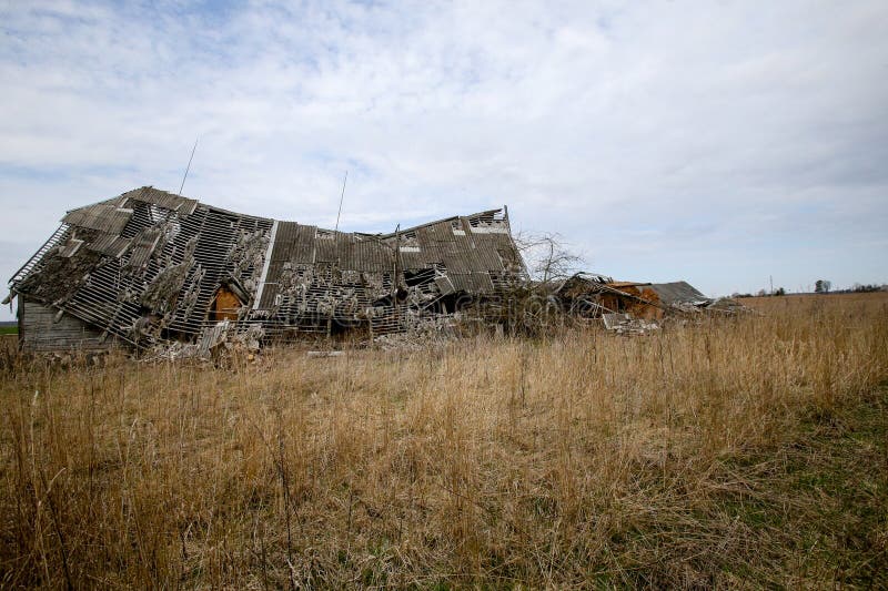 Collapsed Old Abandoned Farm Building after a Fire Stock Photo - Image ...