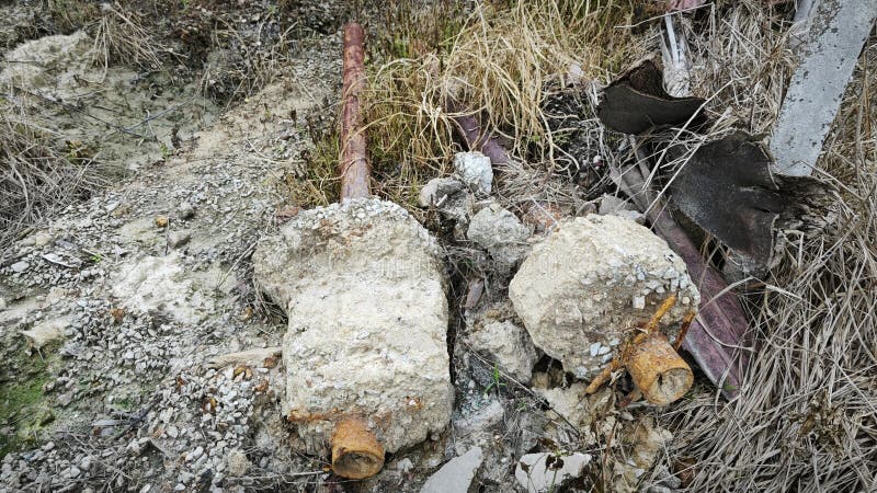 Collapsed or Pull Out Rusty Metal Pole Precast Concrete Base Foundation ...
