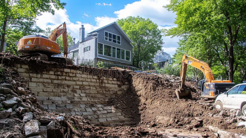 Collapsed Retaining Wall Being Rebuilt To Prevent Erosion. Picture ...
