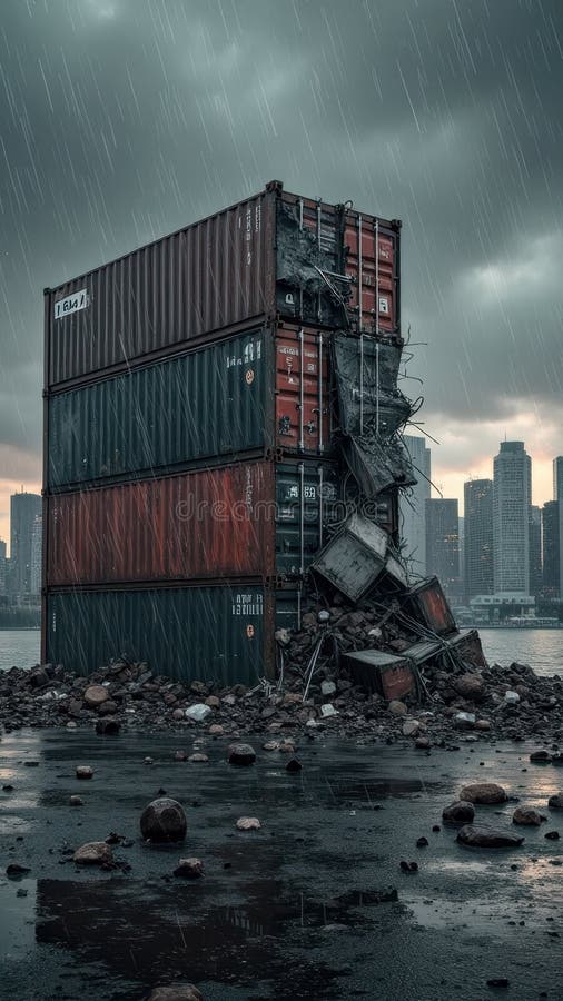 Collapsed Shipping Containers by Rainy Urban Waterfront with City ...