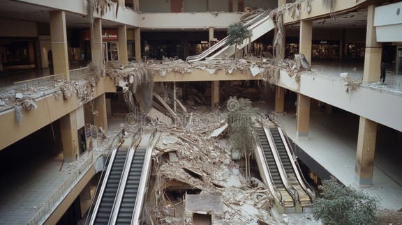 A Collapsed Shopping Mall Interior with Debris and Two Escalators Stock ...