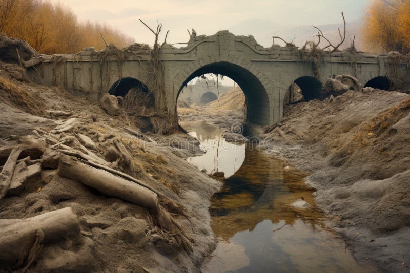 Collapsed Stone Bridge Over a Dried-up River Stock Illustration ...