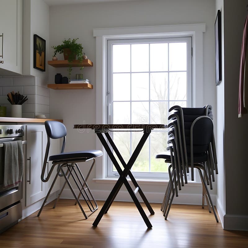Collapsible Folding Table with Stacked Chairs in a Cozy Kitchen Nook in ...