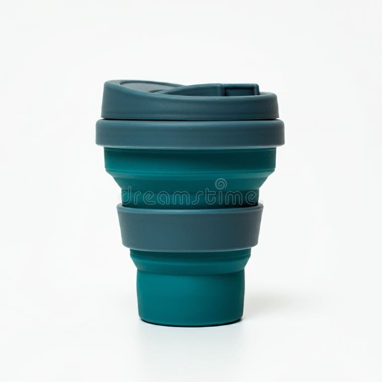 Collapsible Silicone Cup in Teal and Gray Tones. it Features a Ridged ...