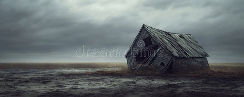 Collapsing Barn in a Barren Wind-swept Field Under a Dramatic Sky with ...