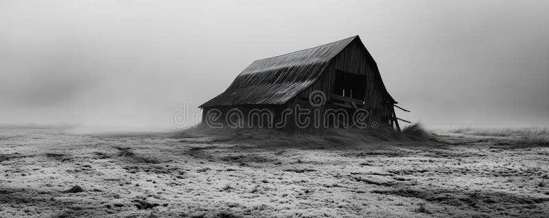 Collapsing Barn Stands Lonely in Desolate, Wind-swept Field Under a ...
