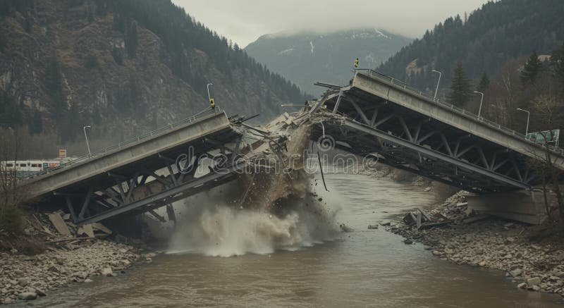 Collapsing Bridge Over River with Mountains in Background Destruction ...
