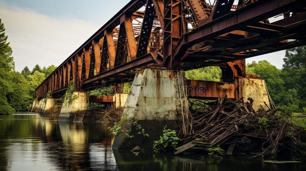 Collapsing Rusted Railway Bridge, Forgotten Tracks Stock Illustration ...