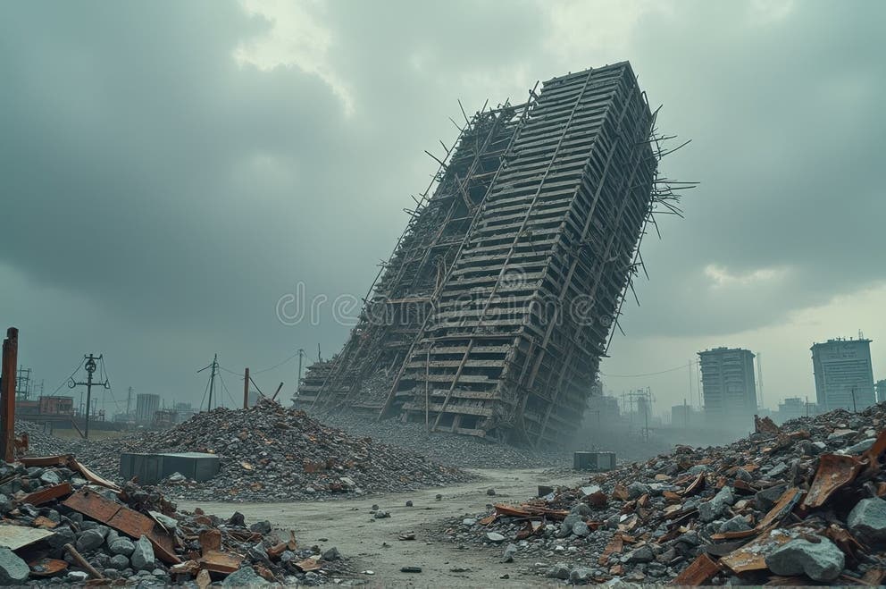 Collapsing Skyscraper Amidst Rubble and Stormy Skies Stock Image ...