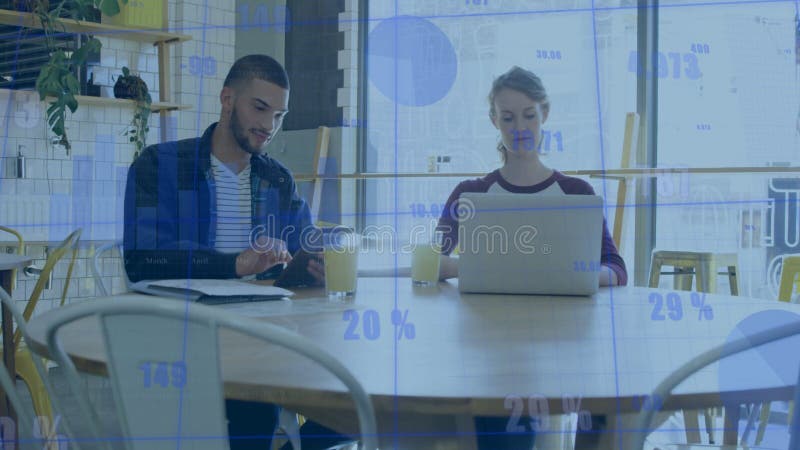 Colleagues are Analyzing Data on Laptop in Flat Design Tech Cafe with ...