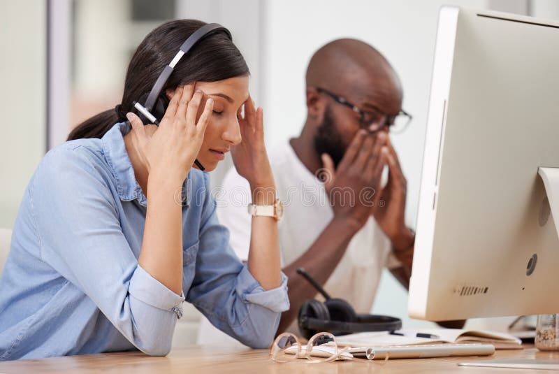 Colleagues, Call Centre and Headset with Headache, Stress and Customer ...