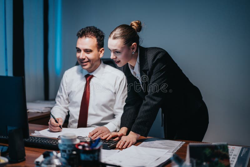 Colleagues Collaborating on a Project at the Office during Evening ...
