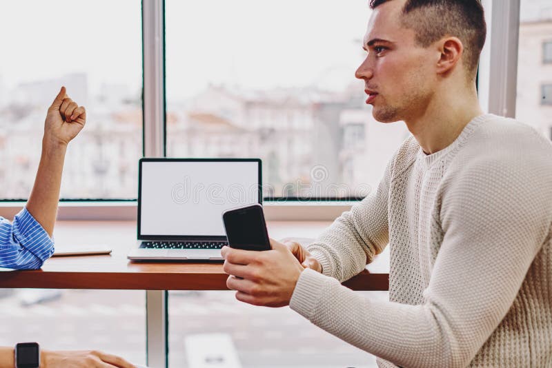 Colleagues Communicating with Each Other between Computer with Blank ...