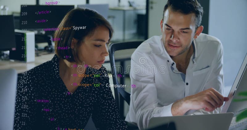 Colleagues Discussing Project Over Computer Code Animation in Modern ...