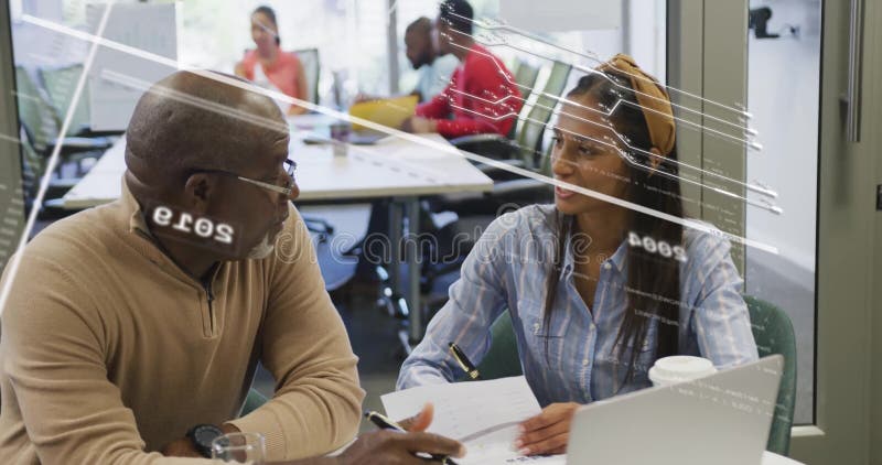 Colleagues Discussing Work at Office with Data Processing Animation ...