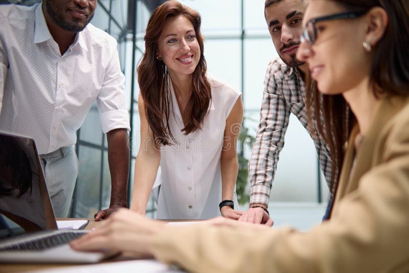 Colleagues Lean on the Conference Table and Discuss Business, App UI ...