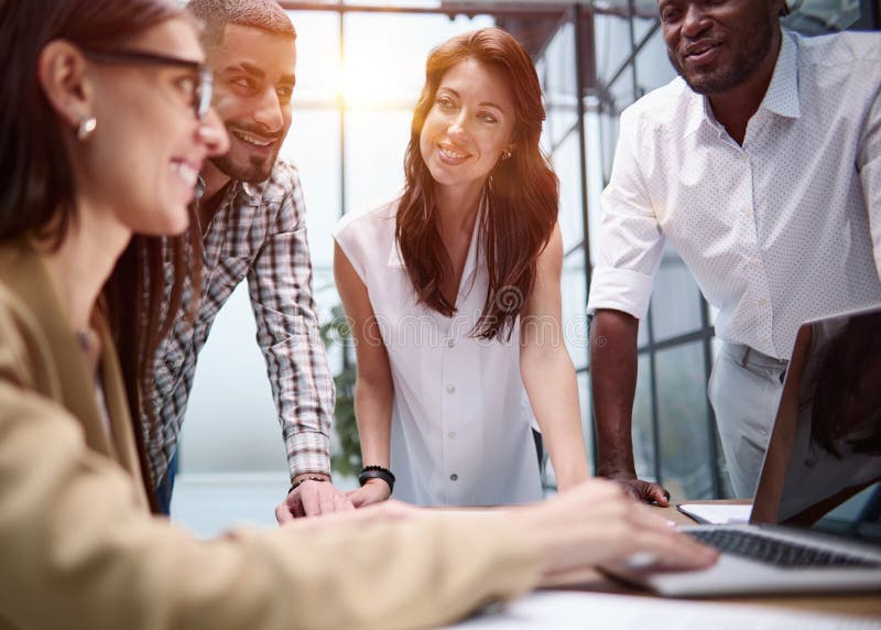 Colleagues Lean on the Conference Table and Discuss Business, App UI ...