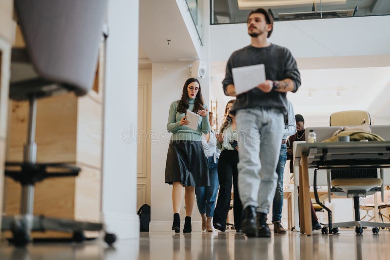 Colleagues in a Modern Office Setting Walking with Papers and a Smart ...