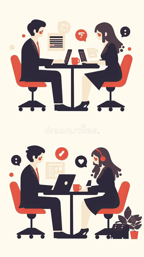 Cartoon Illustration of Two Colleagues Collaborating in Modern Office ...