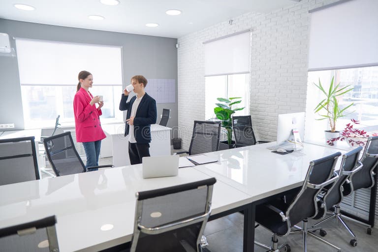 Colleagues Sit Drinking Coffee and Talking during a Break at Work ...