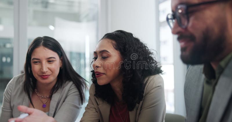 Colleagues, Talking and Teamwork in Office with Laptop, Pointing and ...