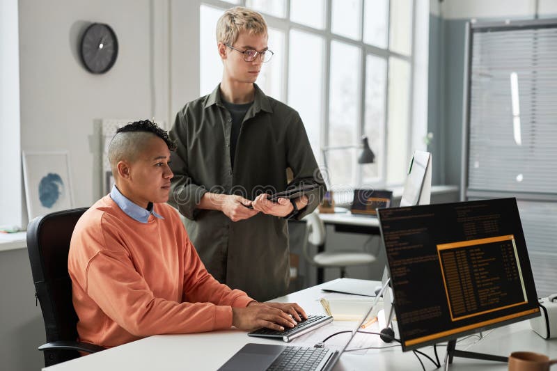 Colleagues Working Over Computer Program Stock Photo - Image of coding ...