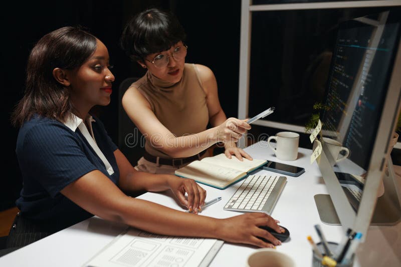 Colleagues Working on Programming Code Stock Image - Image of night ...