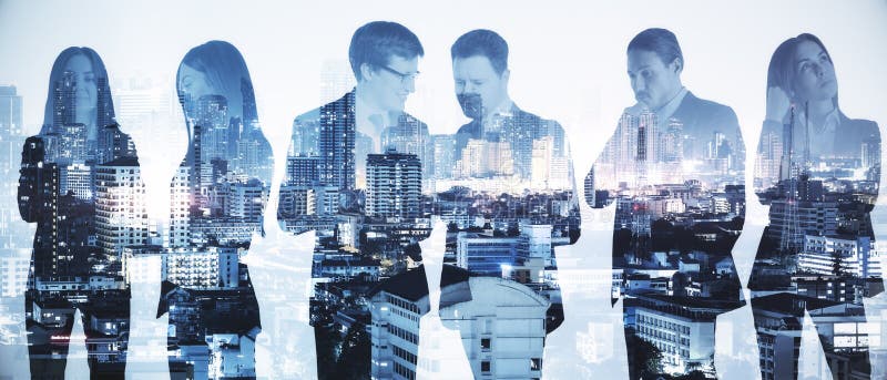 Colleagues Working Together on Abstract City Background. Teamwork and ...