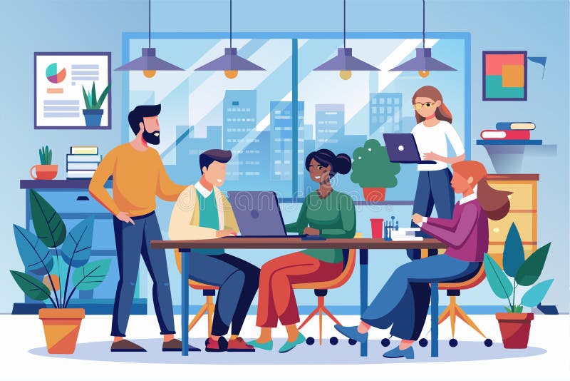 Colleagues are Working Together in a Modern Office, Collaborating on Laptops and Sharing Ideas ...