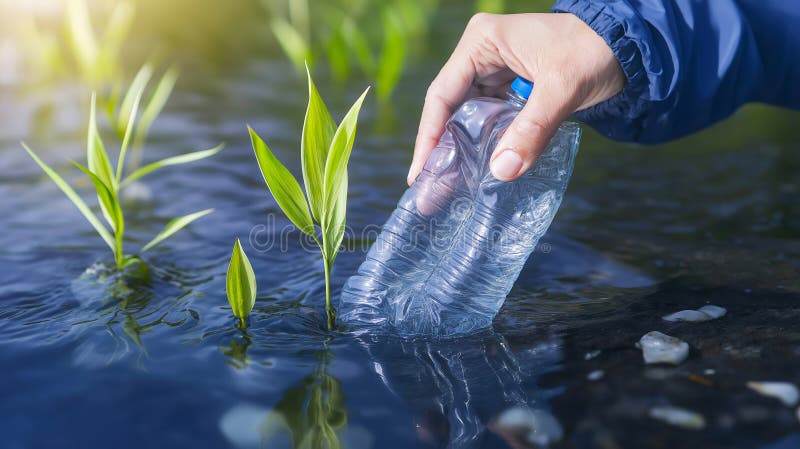 Hand Collecting River Water with Plastic Bottle Near Plants Growing in ...