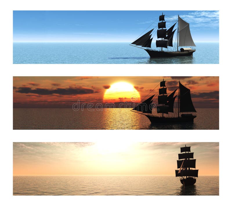 Collection of 3 Banners with Ships at Sea. Stock Illustration ...