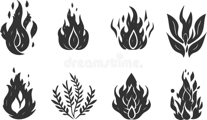 Collection of Abstract Flame Icons in Black and White Vector Art. Stock ...