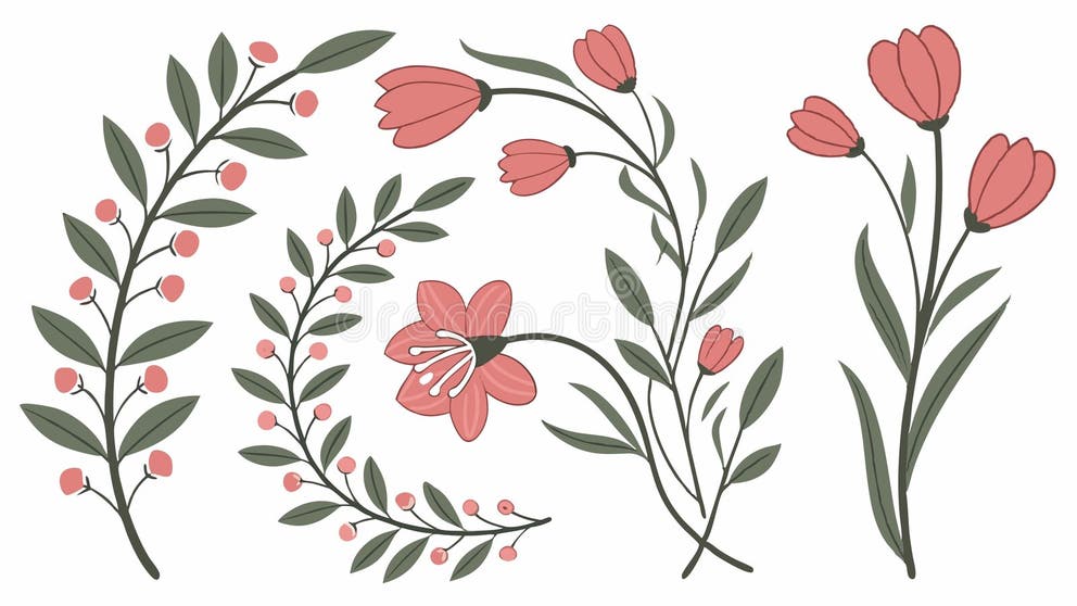 Collection of Abstract Floral Stems, Botanical Design Elements, Vector ...