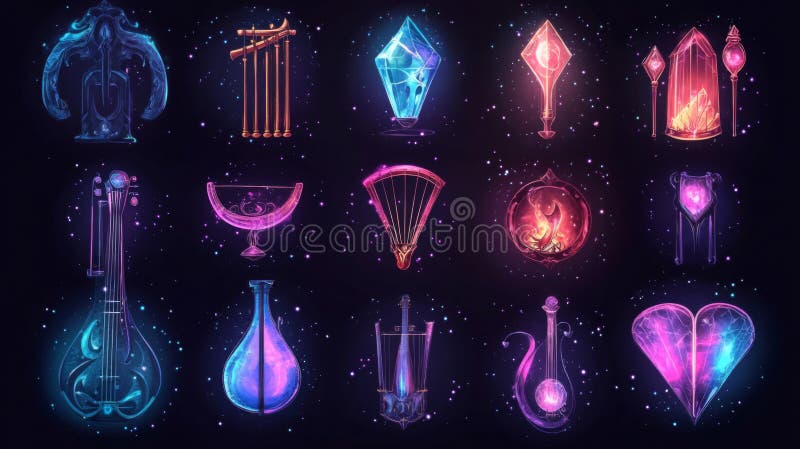 Collection of Abstract Geometric Glowing Crystal Objects on Dark ...